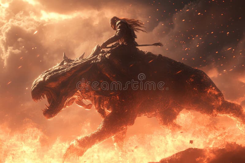 A Warrior Riding a Monstrous Beast Fire Stock Illustration ...