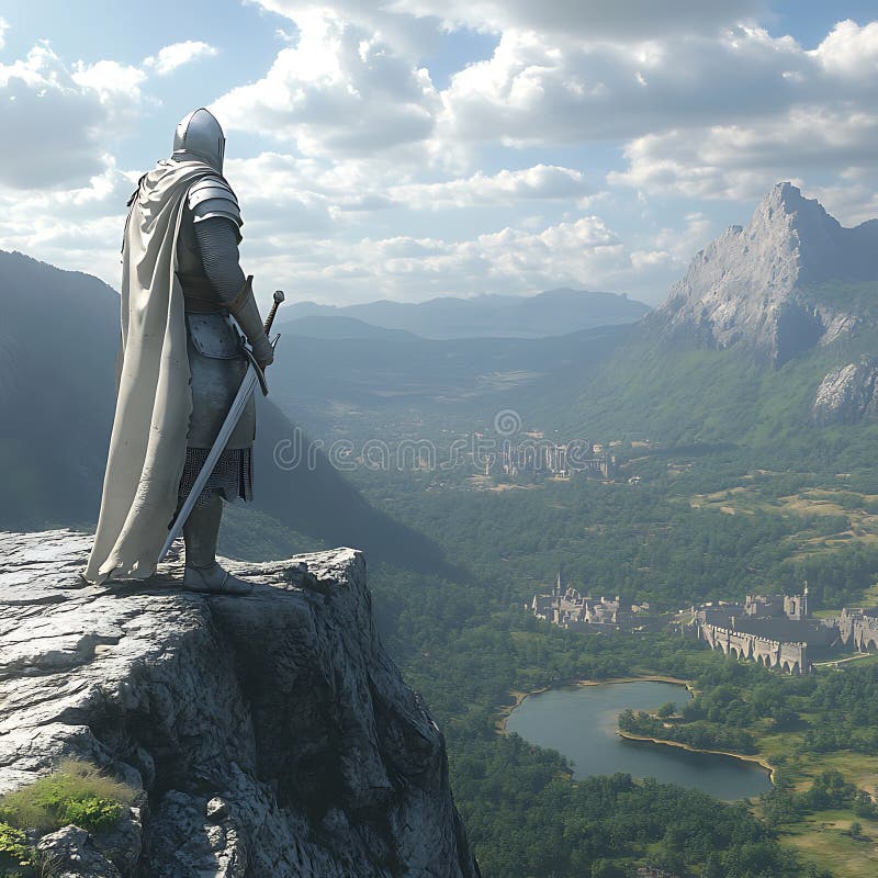 Warrior Standing on Cliff, Overlooking Vast Landscape Scenery Stock ...