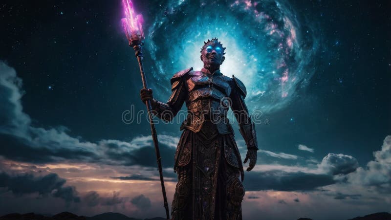 A Warrior Stands Tall Holding a Glowing Spear Under a Starry Sky Stock ...