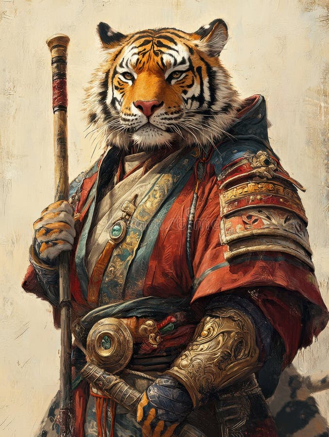 Warrior Tiger Dressed in Traditional Armor Holding Staff in a Stately ...