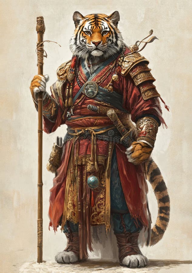 Warrior Tiger Dressed in Traditional Armor Holding Staff in a Stately ... Warrior Tiger Dressed in Traditional Armor Holding Staff in a Stately ...