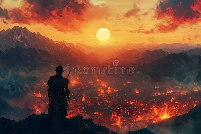 Warrior Watching Burning City at Sunset from Mountain Peak Stock Photo ...
