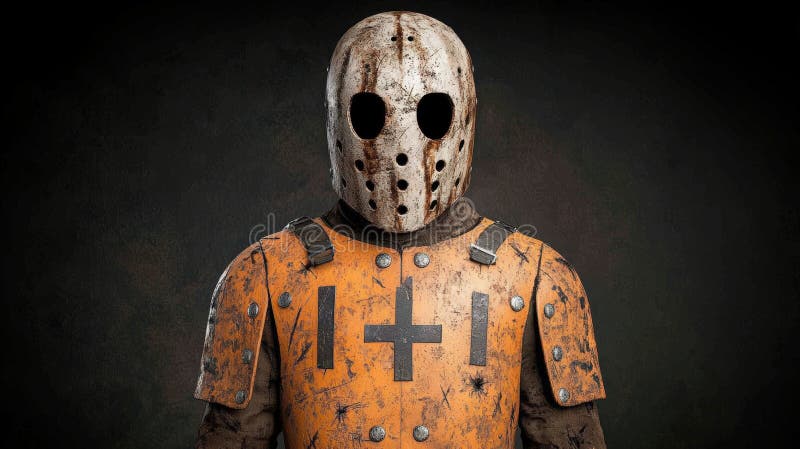 Warrior in Weathered Armor and Mask Dark Background Stock Illustration ...