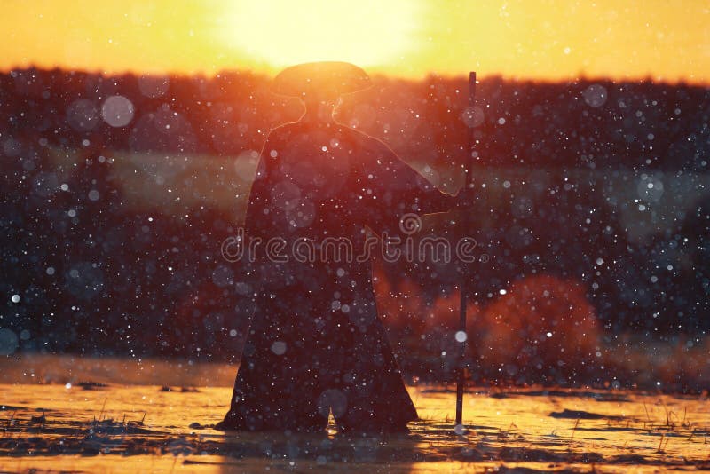 Warrior in winter sunset stock image. Image of china - 65953127