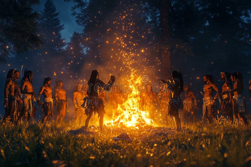 Warriors Dancing Around Bonfire in Forest at Night during Magic Ritual ...