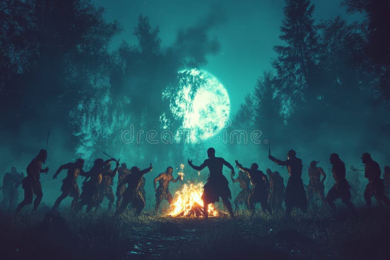 Warriors Dancing Around Bonfire Under Full Moon in Mysterious Forest at ...