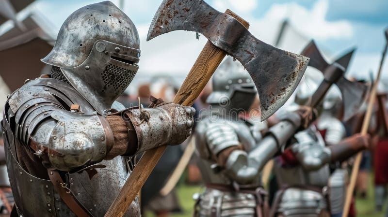 Warriors Donned in Heavy Armor Wield Enormous Battle Axes with Lethal ...