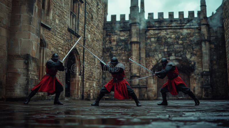 Warriors Engage in a Fierce Sword Duel within an Ancient Castle. the ...