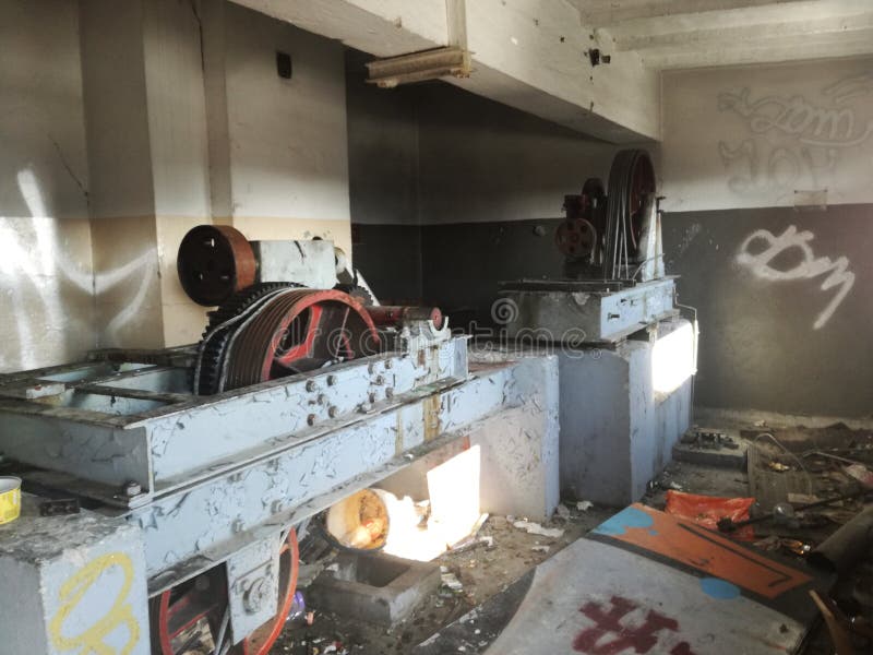 06.03.2018 Warsaw, Poland. Old Rusty Elevator Motor with Graffiti ...