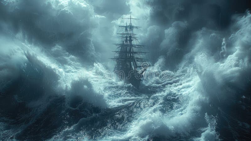 A Warship Navigating through Rough Waves and Crashing Waters, Depicted ...
