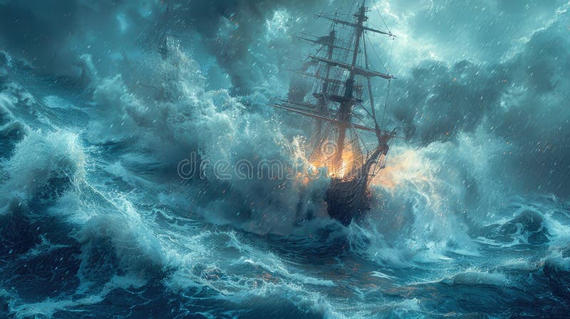 A Warship Navigating through Rough Waves and Crashing Waters, Depicted ...