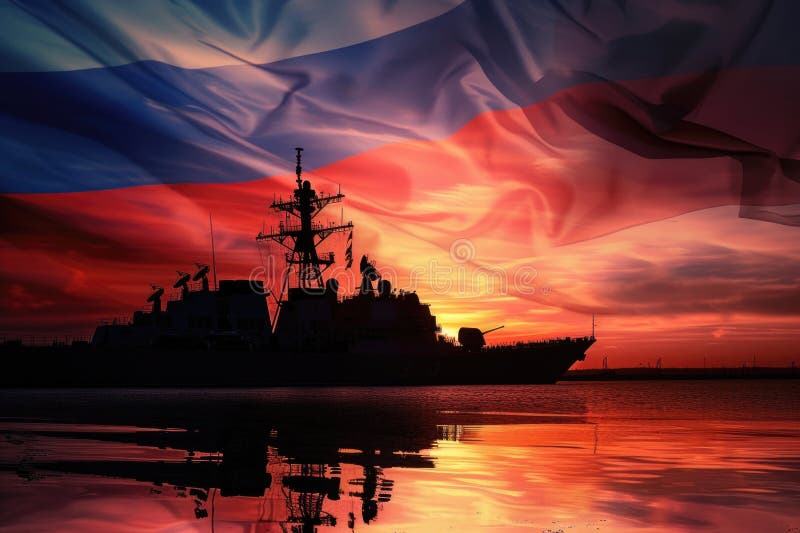 A Warship at Rest, Draped in the Hues of a Russian Flag at Sunset S ...