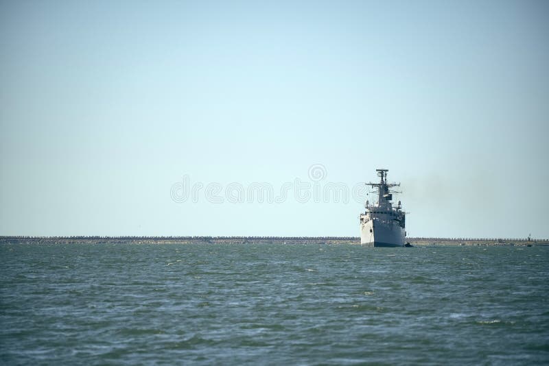 Warship Sailing in Still Water Stock Photo - Image of powerful ...