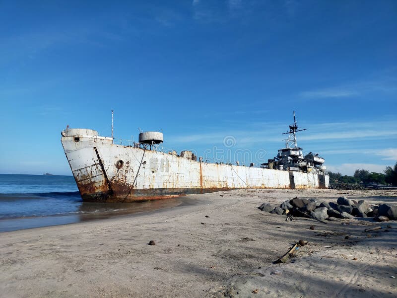 Warship Stranded on Talao Beach, Pariaman City Stock Image - Image of ...