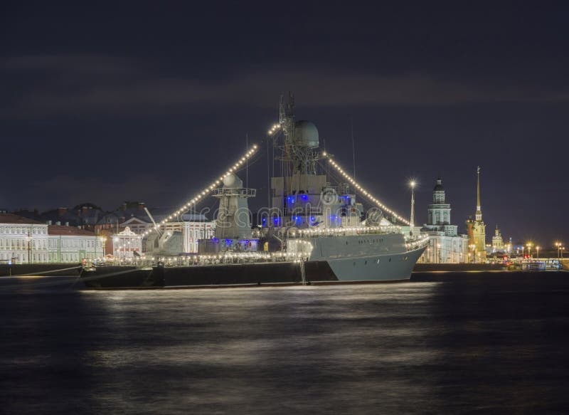 Warships on night Neva stock image. Image of marines - 75620145
