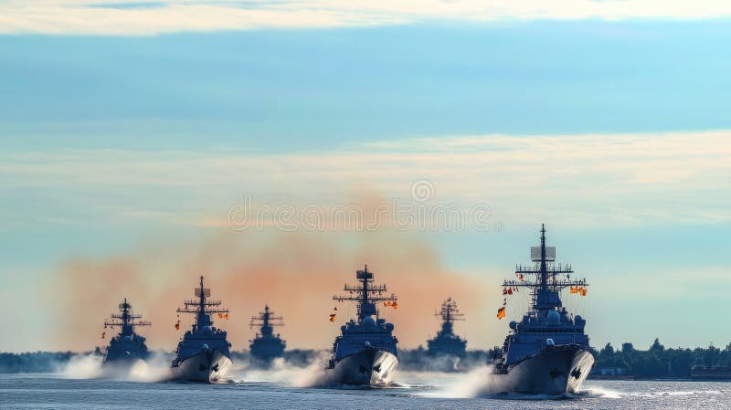 Warships Participating in a Naval Parade at Sea Stock Illustration ...