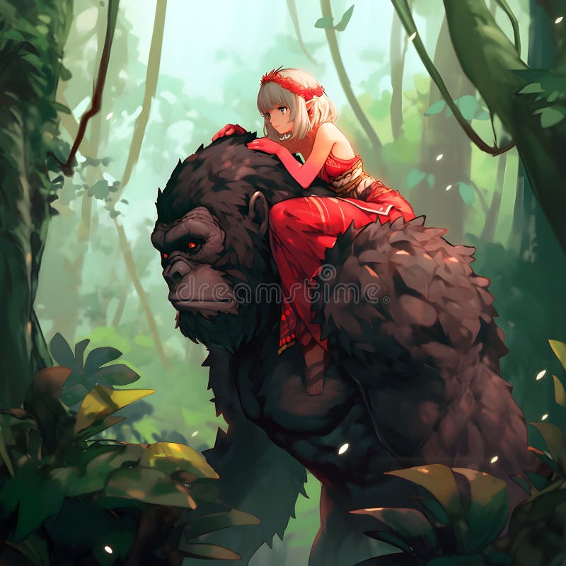 Anime Small Princess on Gorilla in Forest Art Stock Illustration ...
