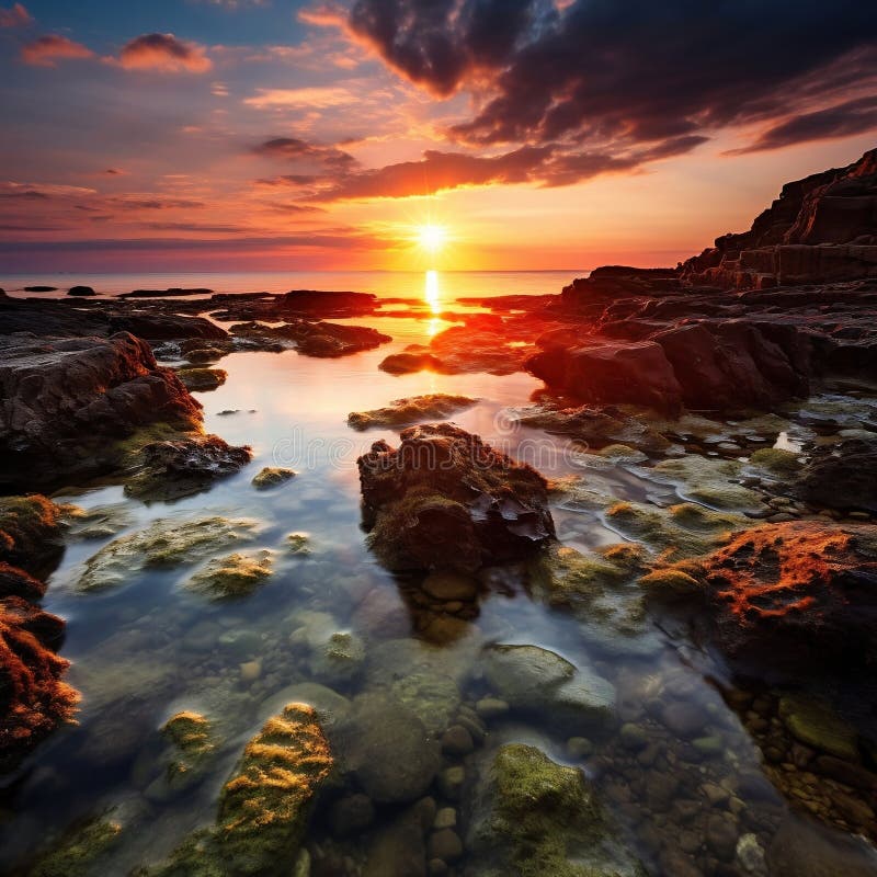 Rocky Beach at Sunset in Long Exposure - Landscape Photography Stock ...