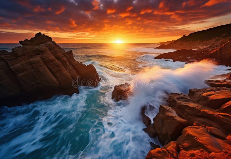 Rocky Beach at Sunset in Long Exposure - Landscape Photography Stock ...