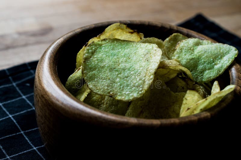 Wasabi Chips in a Wooden Bowl. Stock Image - Image of food, closeup ...