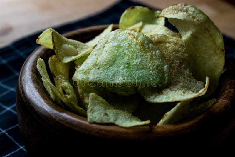 Wasabi Chips in a Wooden Bowl. Stock Photo - Image of crunchy, fried ...