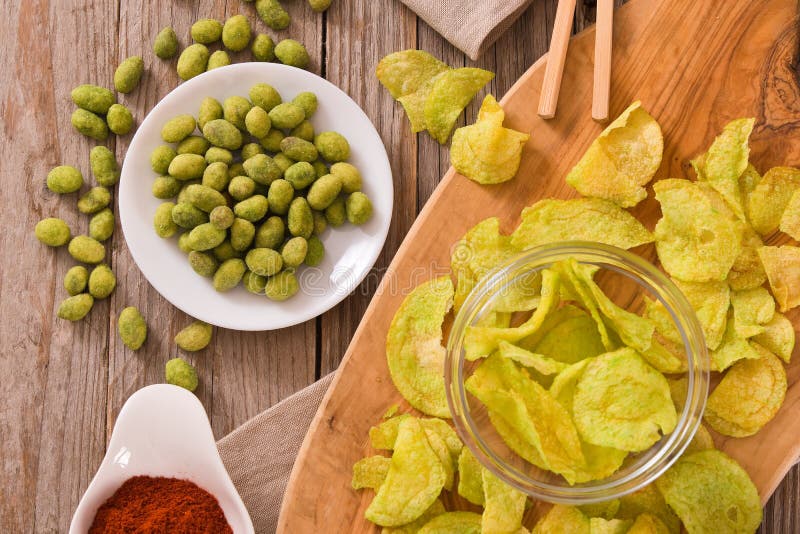 Wasabi Flavour Potato Crisps. Stock Image - Image of appetizer, coated ...