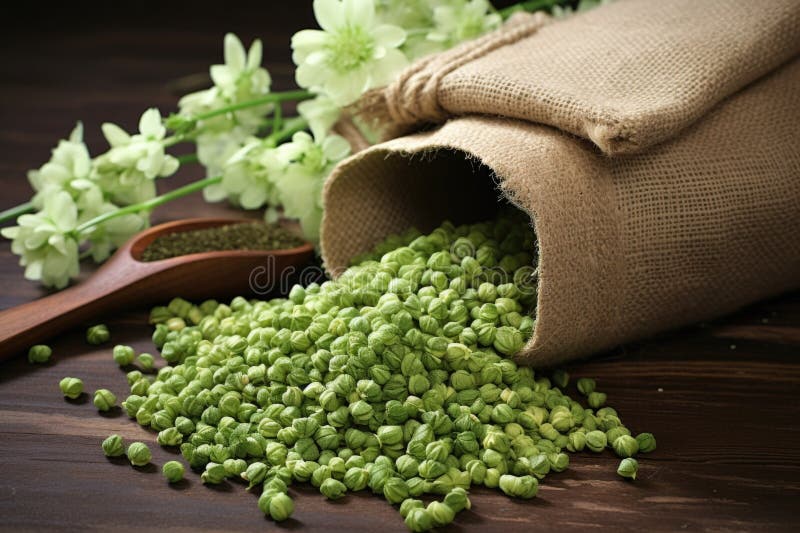 Wasabi Peas Spilling Out of a Burlap Sack Onto a Table Stock ...