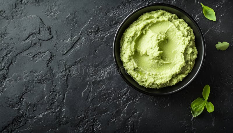 Wasabi Powder in a Bowl on a Black Textured Table, Top View. Space for ...