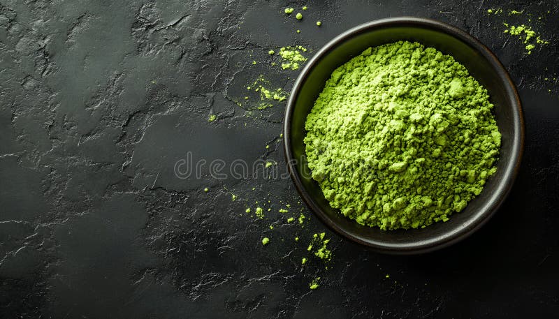 Wasabi Powder in a Bowl on a Black Textured Table, Top View. Space for ...