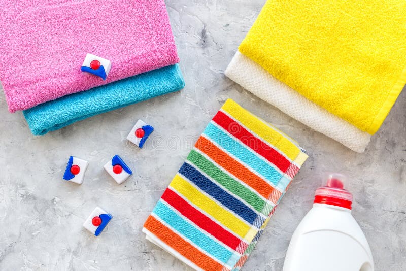 Wash Clothes. Clean Towel and Detergent on Grey Stone Background Top ...