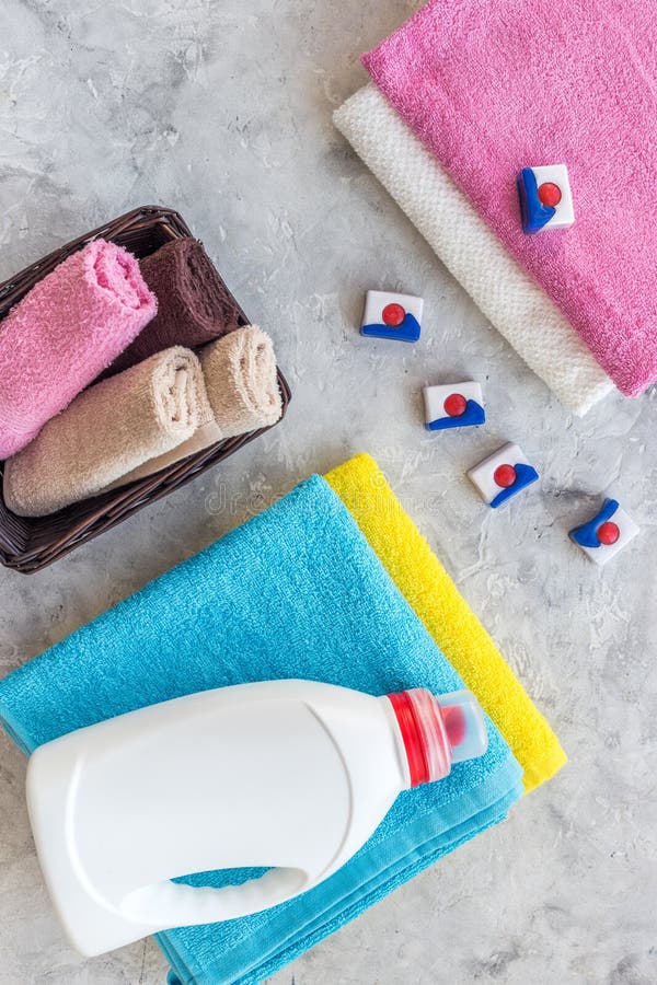 Wash Clothes. Clean Towel and Detergent on Grey Stone Background Top ...