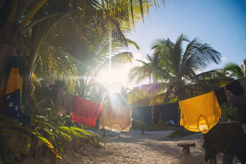 Make Shift Clothes Line with Washed Laundry during Travel Stock Photo ...