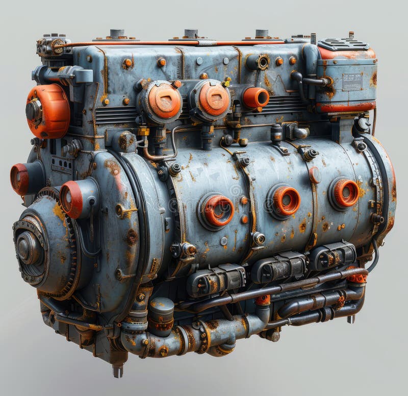 Washed Out Grey Metal Engine Rendering with Visible Components, Hyper ...