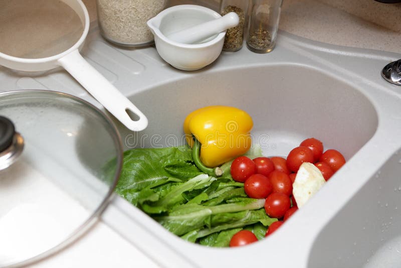 Washed vegetables in sink stock image. Image of appliance - 87285815