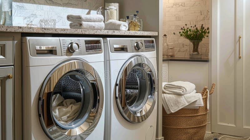 Compact Laundry Set-Up in a Small Room Stock Photo - Image of housework ...