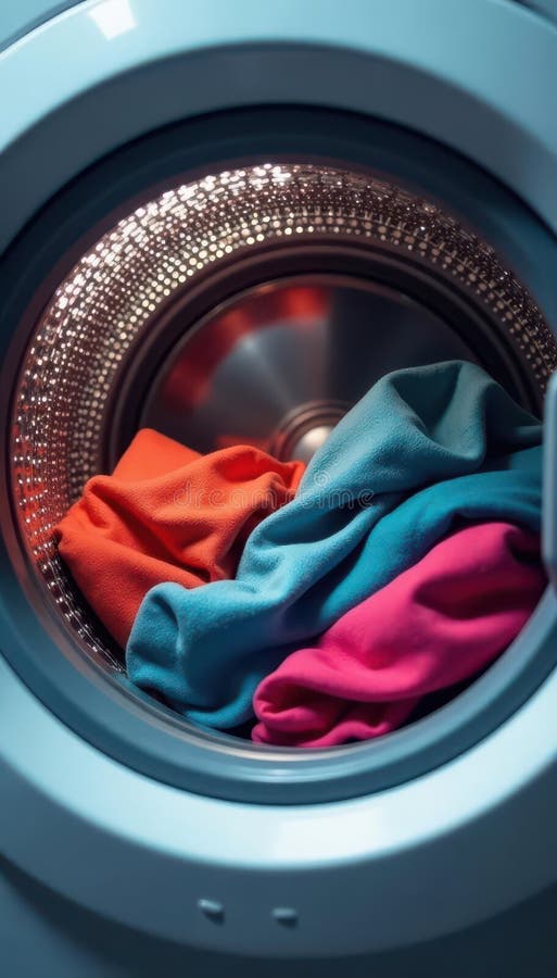 A Washer S Interior during a Wash Cycle, Clothes Swirling , Spin, Chore ...