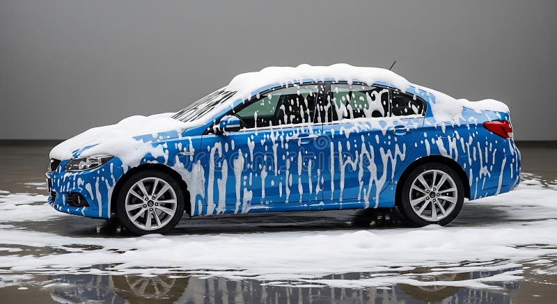Washing a Blue Sedan Car with Soapy Foam in a Studio Environment Stock ...