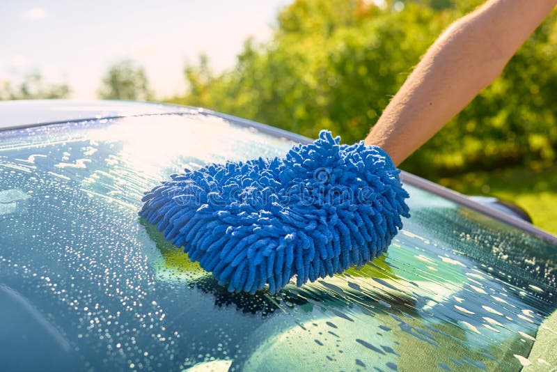 Washing Car Glass with Foam Using a Soft Cloth Stock Image - Image of ...