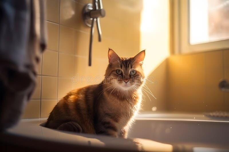 Washing the Cat in the Bathroom. Animal Care Procedure. Stock ...