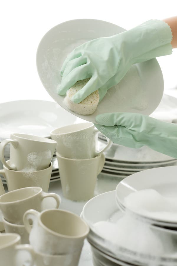 Washing Dishes - Hands with Gloves in Kitchen Stock Photo - Image of ...