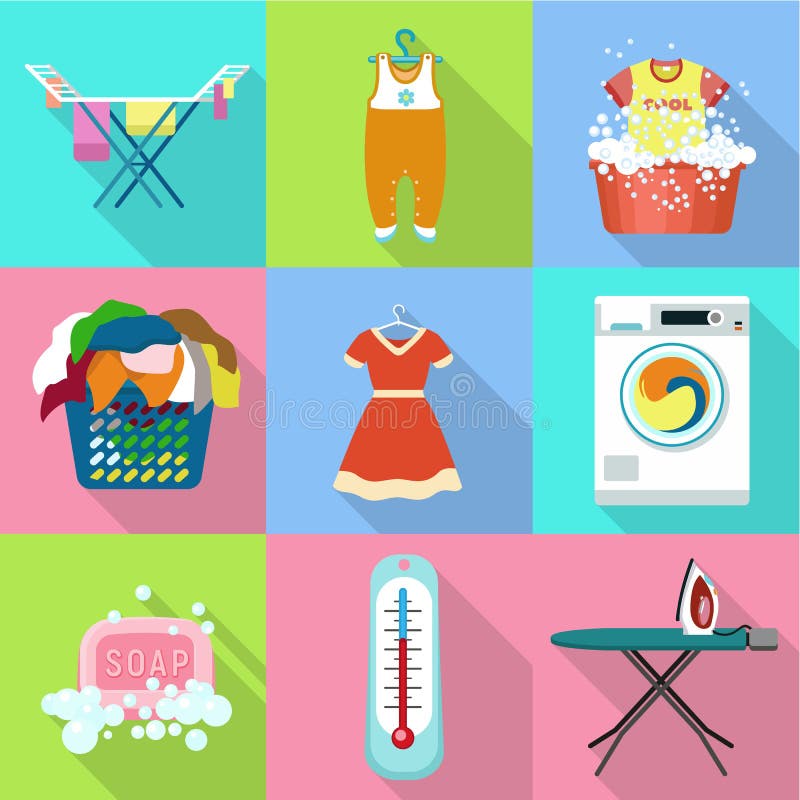 Washing Equipment Icon Set, Flat Style Stock Vector - Illustration of ...