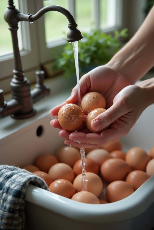 Washing Fresh Brown Eggs Under Running Water in Kitchen Sink Stock ...