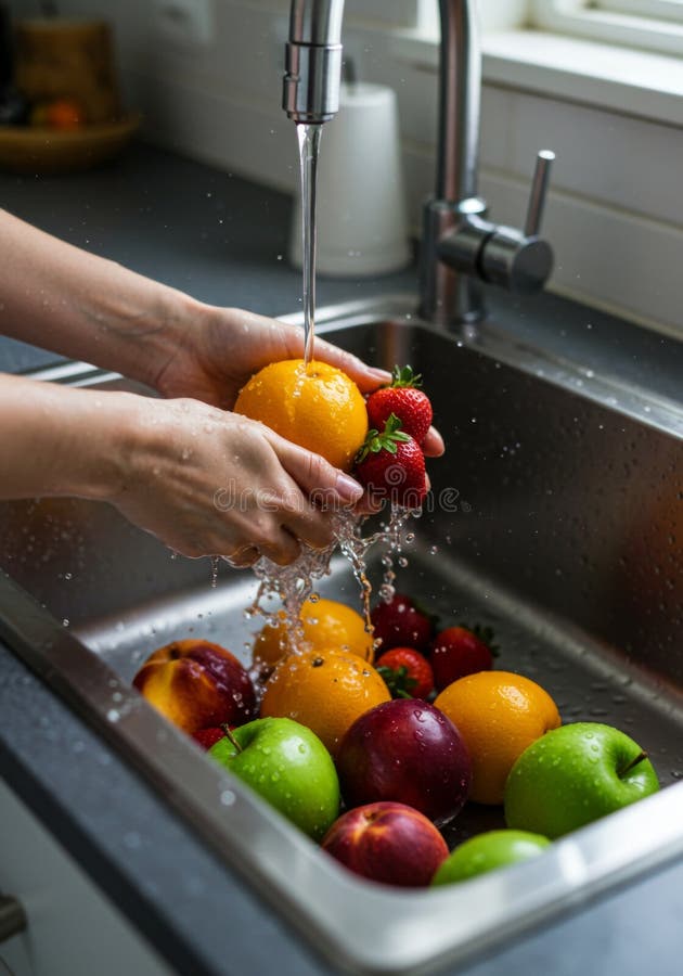 Washing Fresh Fruit in Kitchen Sink Stock Illustration - Illustration ...