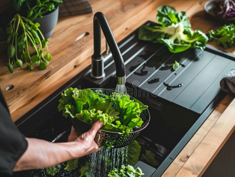Washing Fresh Lettuce in a Modern Kitchen Sink. Generative Ai Stock ...