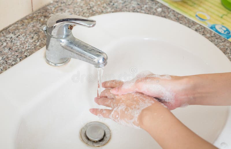 Washing Hands with Soap Under the Faucet with Water Stock Photo - Image ...