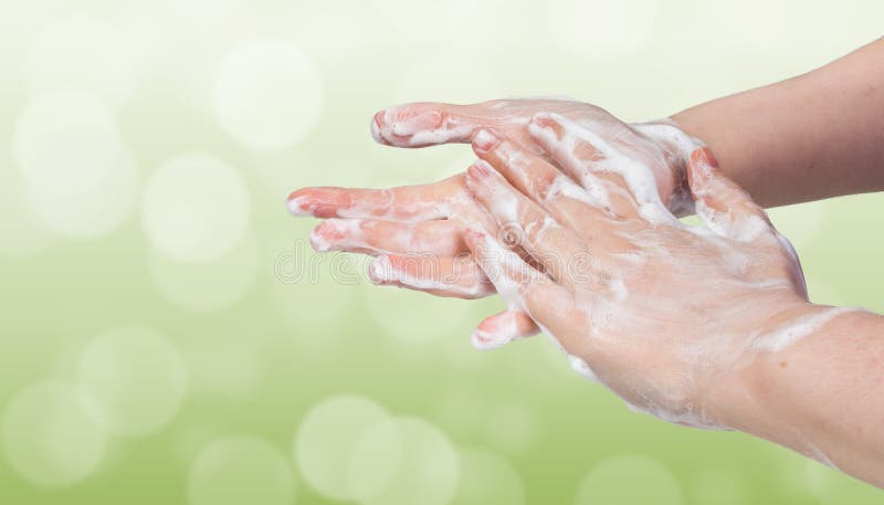 Washing Hands. Hygiene Concept. Green Bokeh Background. Stock Photo ...