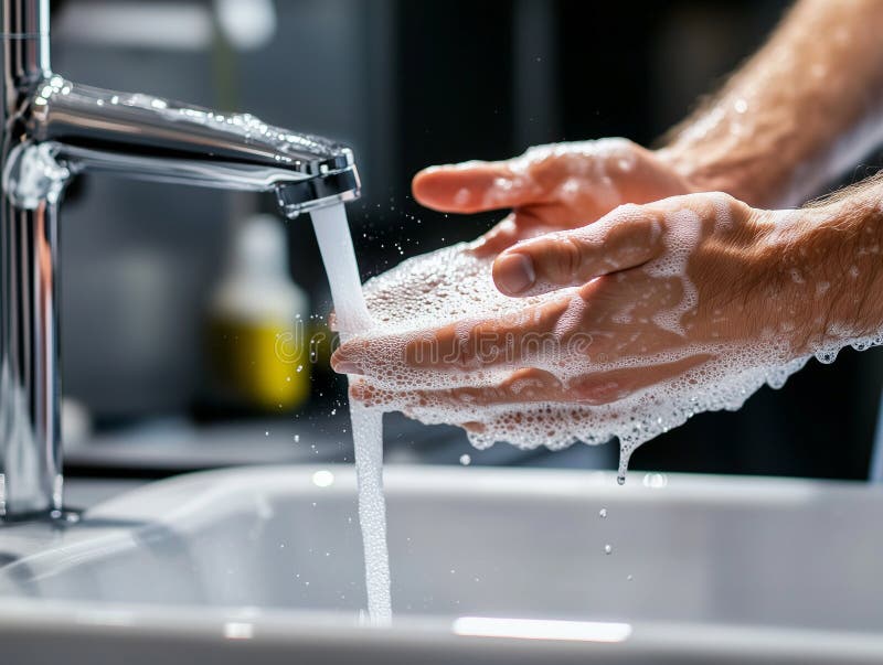 Washing Hands with Soap Under Running Water at Sterile Sink ...