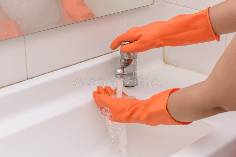 Washing Hands with Streaming Water in Bathroom Stock Photo - Image of ...