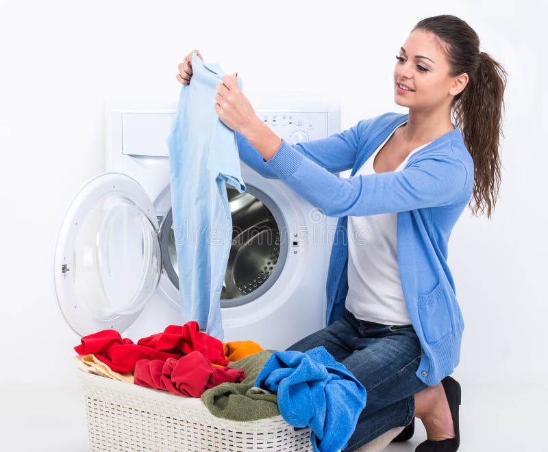 Happy Housewife Woman in Laundry Room with Washing Machine Stock Photo ...