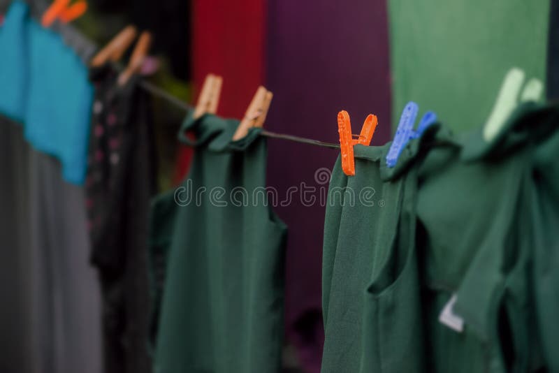 Washing Line with Clean Dark Clothes Drying Eco-friendly Outdoors ...
